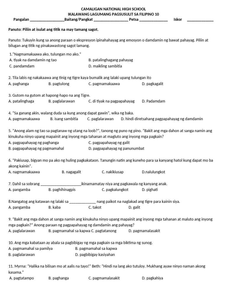 Second Exam 2024 Sa Filipino 9 Final | PDF
