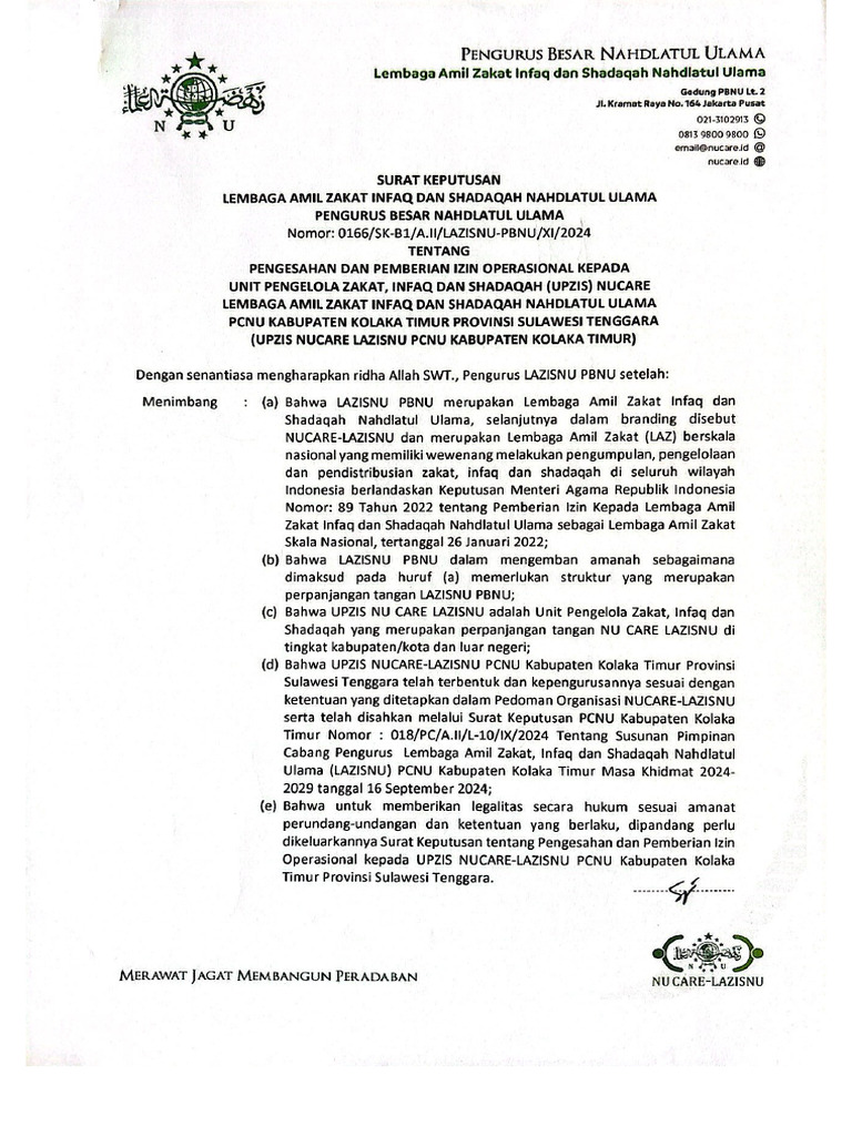 SK Izin Operasional Lazisnu Pcnu K | PDF