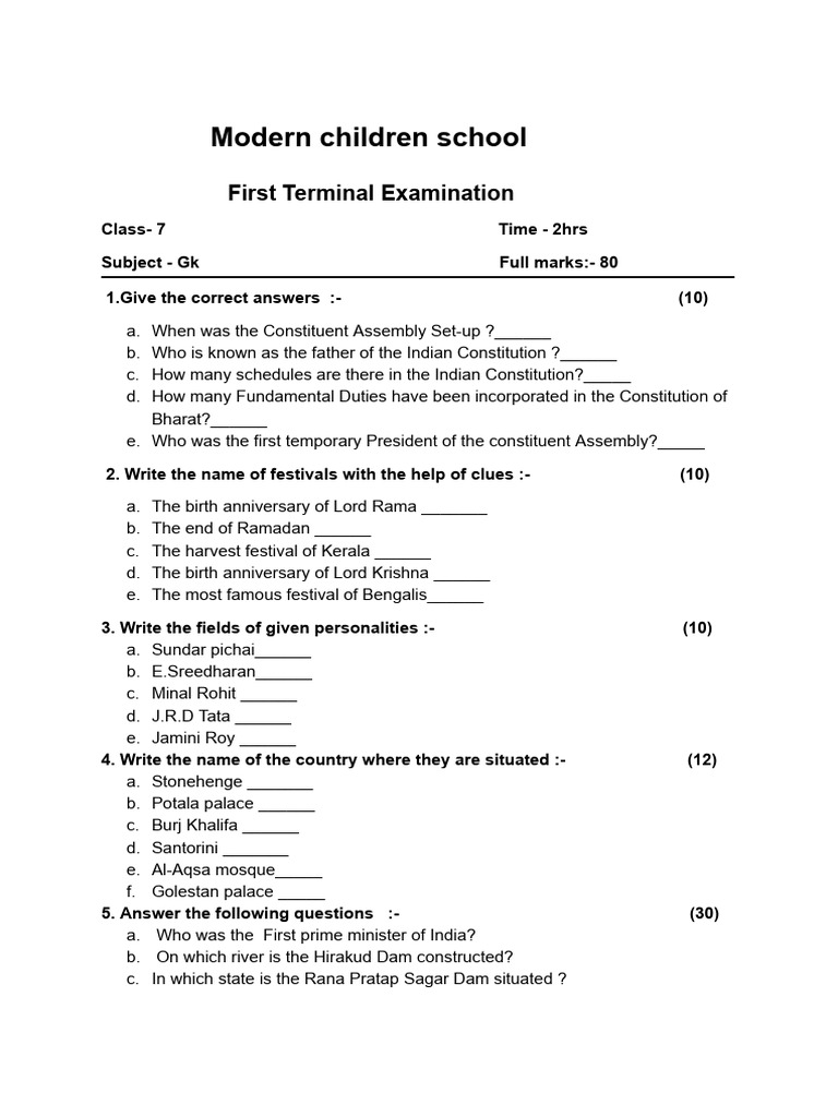 7 Class GK Questions | PDF