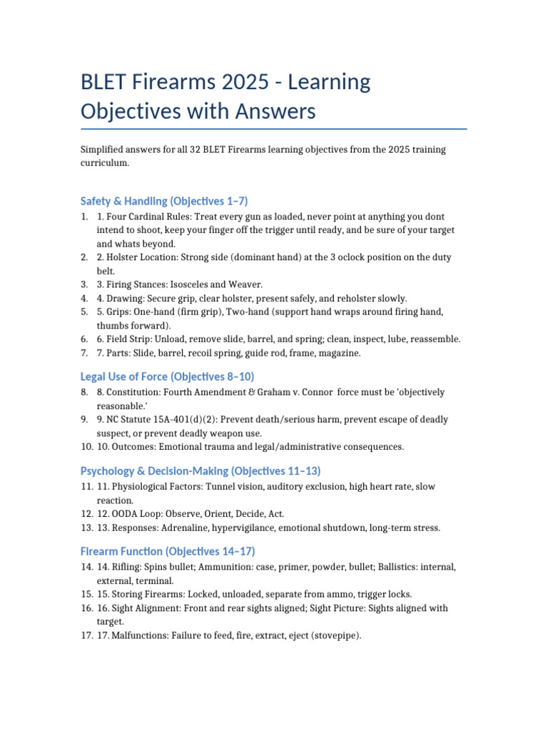 BLET Firearms Objectives With Answers Cleaned | PDF | Firearms | Ammunition