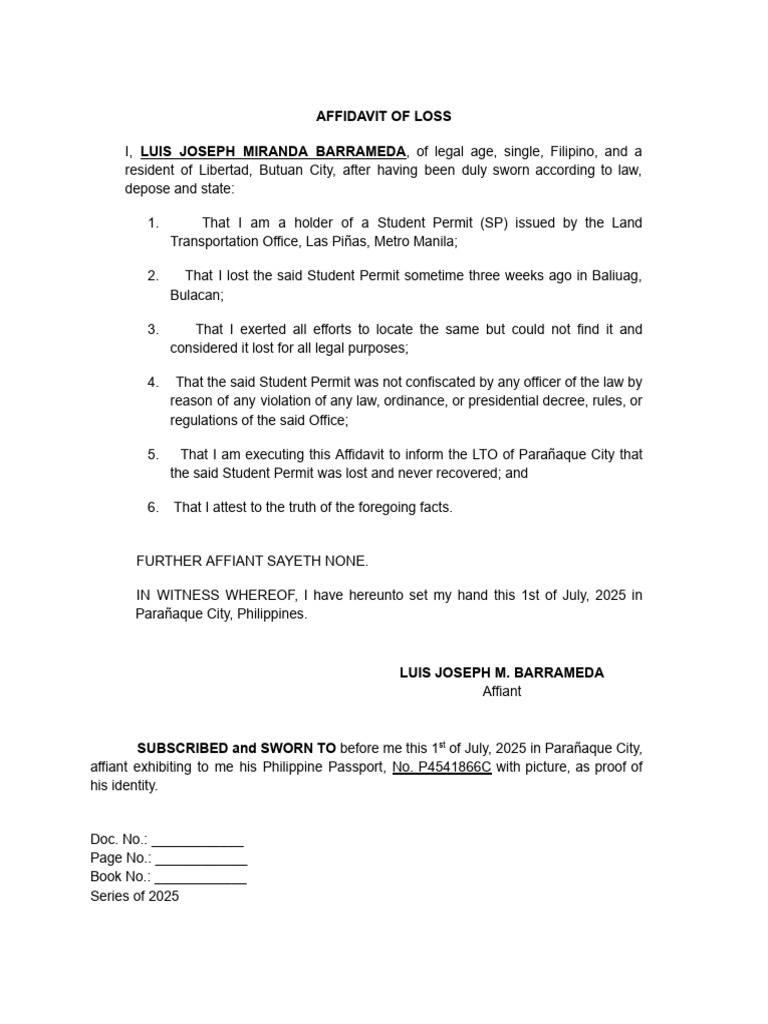 Affidavit of Loss of Student Permit | PDF