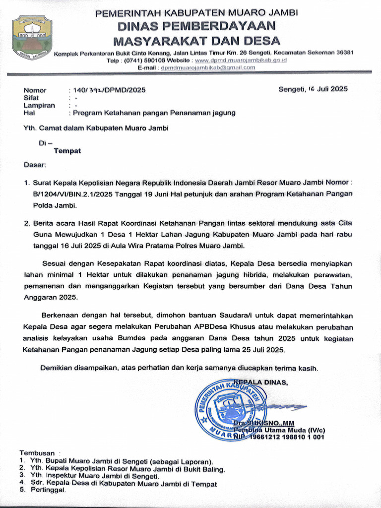 Surat Program Ketahanan Pangan Penanaman Jagung | PDF