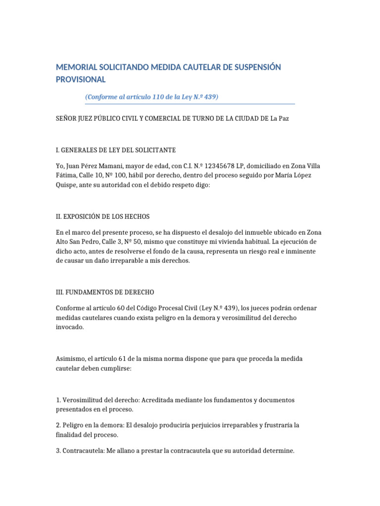Memorial Medida Cautelar Suspension Provisional | PDF | Mandato | Ley ...
