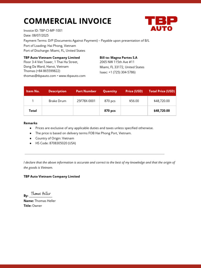 TBP Auto Commercial Invoice MP-1001 MIAMI SIGNED | PDF