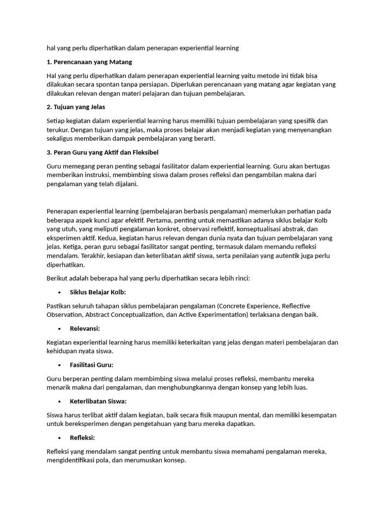 Hal Yang Perlu Diperhatikan Dalam Penerapan Experiential Learning | PDF