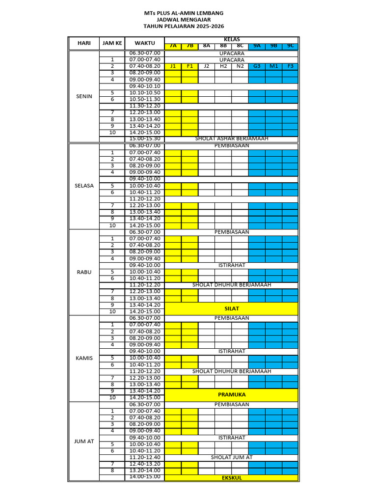 Jadwal Mengajar MTs Plus Al-Amin 2025-2026 | PDF