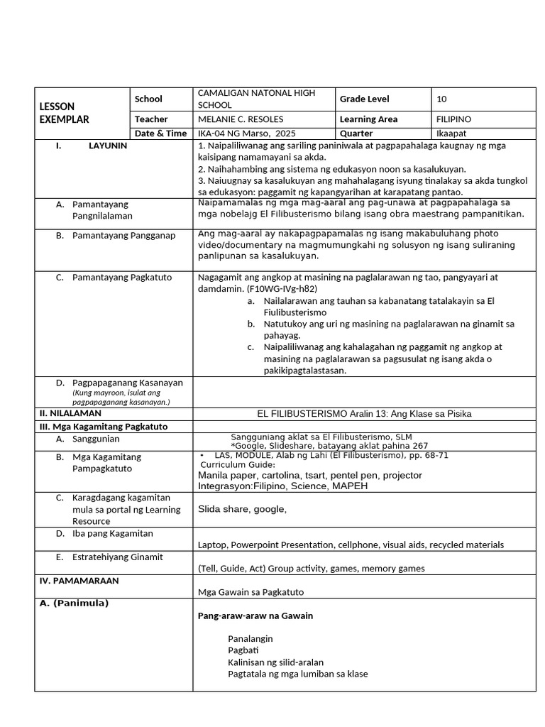 Lesson Plan Filipino 10 March 4, 2025 | PDF