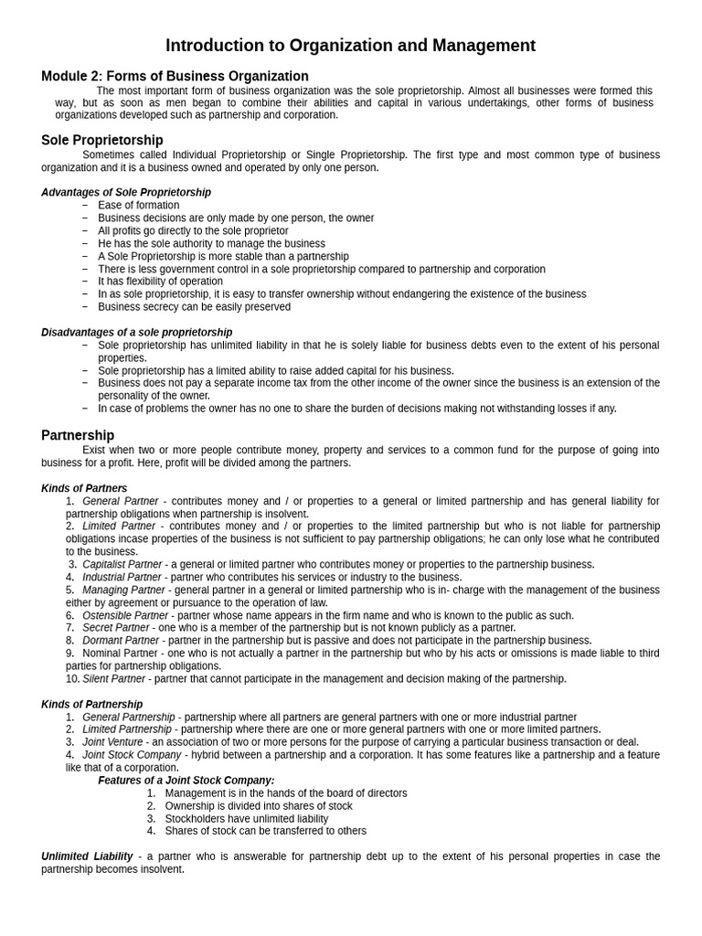 Module 2 - Forms of Business | PDF | Partnership | Sole Proprietorship