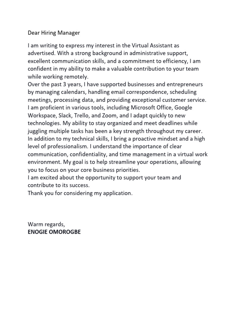 Dear Hiring Manager Vitural Assistance | PDF