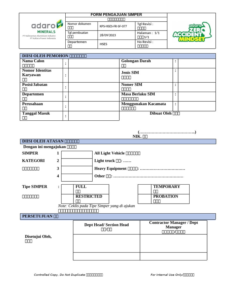 KPS HSES FR SF 077 Form Pengajuan SIMPER Translated | PDF