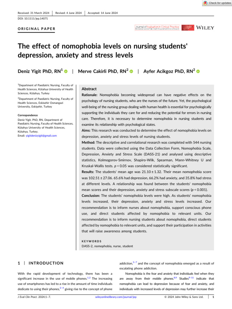 The Effect of Nomophobia Levels On Nursing Students Depression Anxiety ...