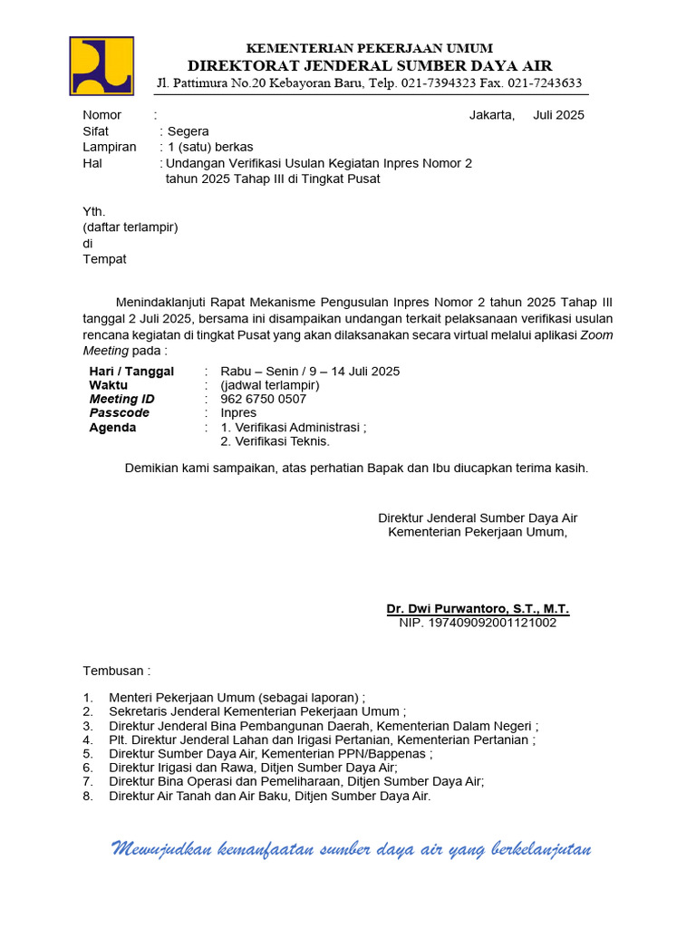 Draft Surat Dirjen Undangan Ke Pemda Verifikasi Pusat | PDF