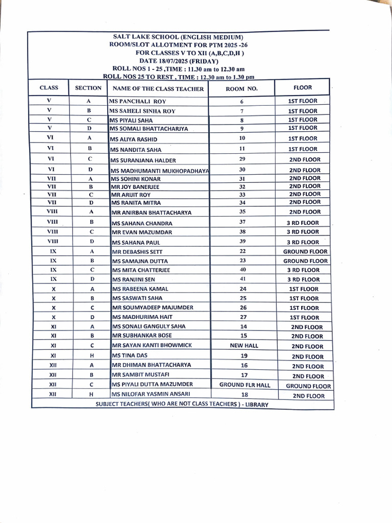 Room Allotment For PTM 2025-26 Day | PDF