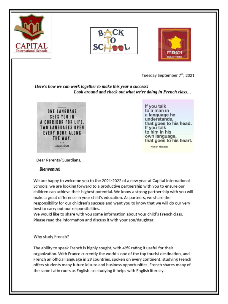 French Welcome Letter 2021-2022 | PDF | Test Of English As A Foreign ...