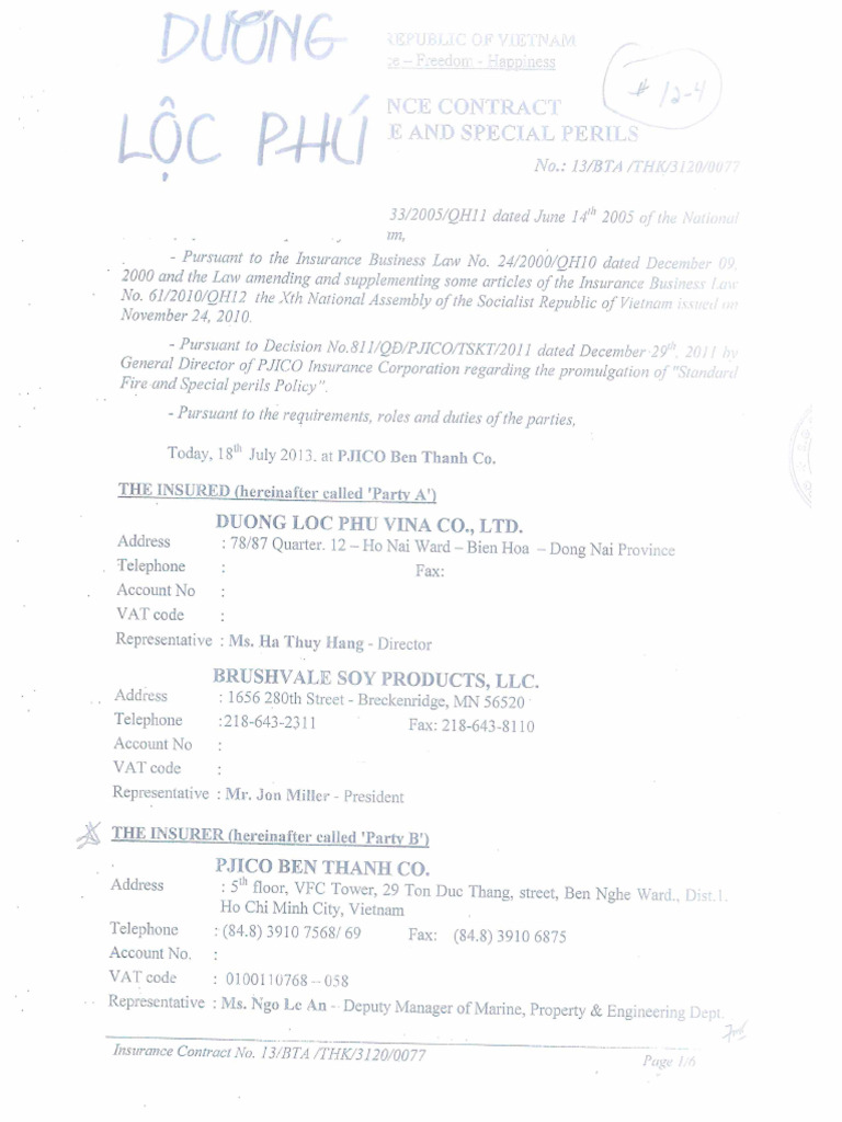 Insurance Contract (First Page) | PDF