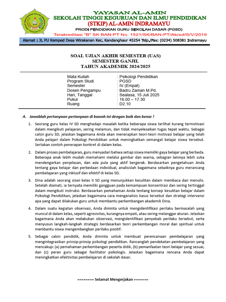 Soal Uas Psikologi Pendidikan | PDF