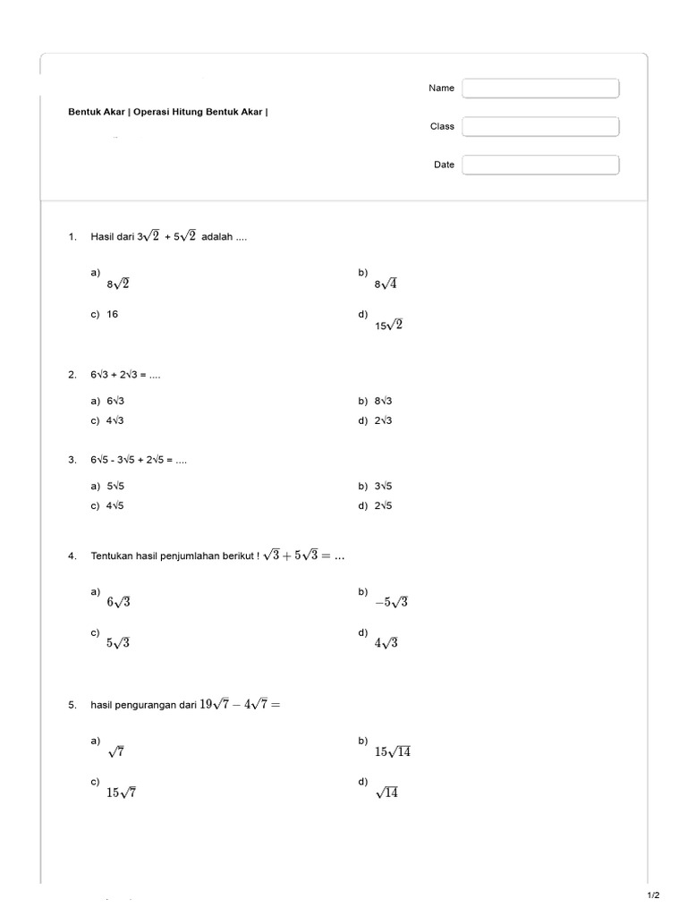 Bentuk Akar - Operasi Hitung Bentuk Akar - Kumpulan Soal 1 (Mudah ...