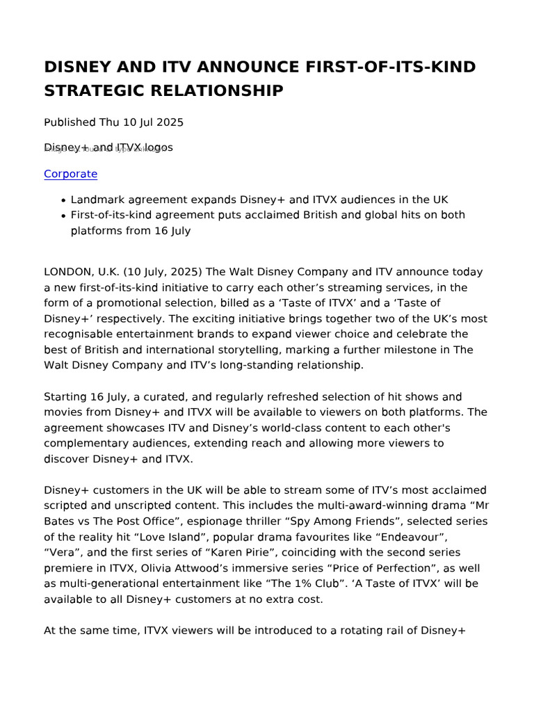 Disney and Itv Announce Firstofitskind Strategic Relationship | PDF