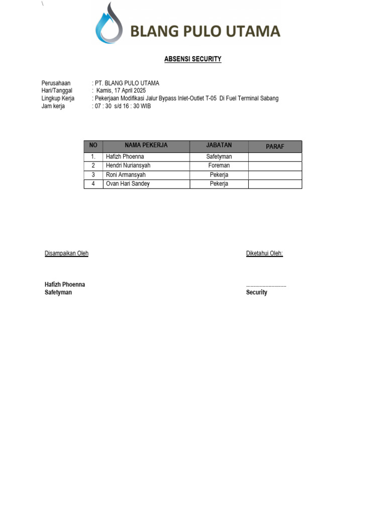 Absensi Security PT. Blang Pulo Utama | PDF