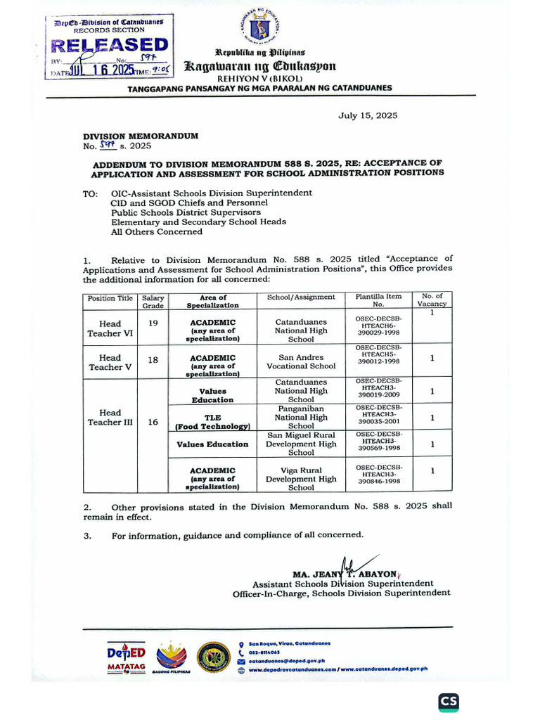 DM No. 597 S. 2025 Addendum To Division Memo 588 s.2025 Re Acceptance ...