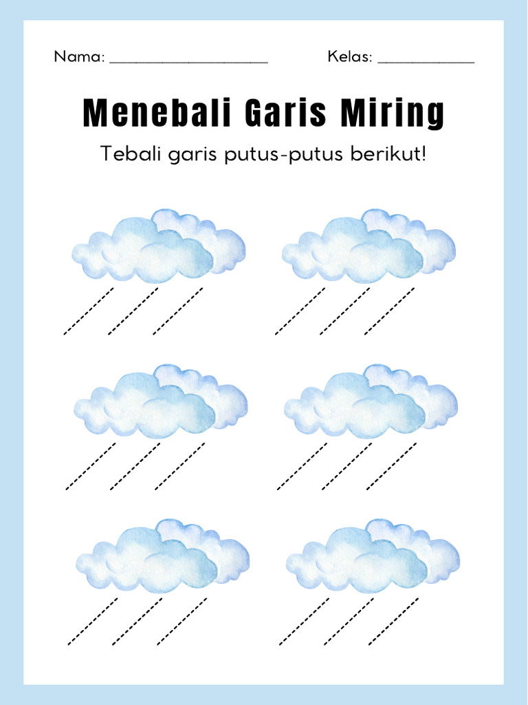 Menebali Garis Miring Lembar Kerja Biru Putih Watercolor | PDF