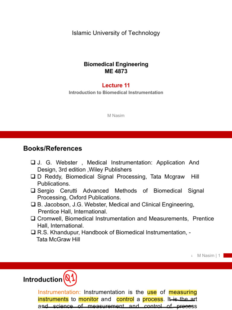 Lecture - 11-Biomedical Instrumentation | PDF | Accuracy And Precision | Sensor