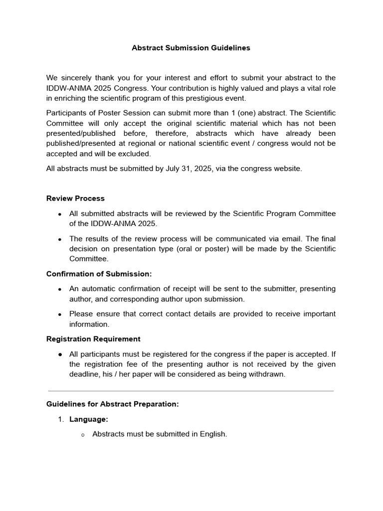 IDDW-ANMA 2025 Abstract Submission Guide | PDF | Abstract (Summary)