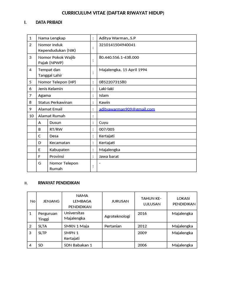 CV Aditya Warman: Pengalaman Agribisnis | PDF