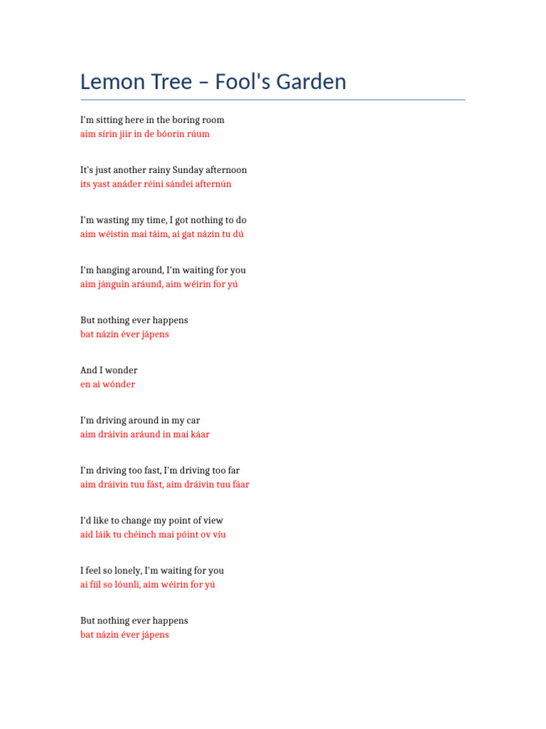 Lemon Tree Letra Pronunciacion | PDF