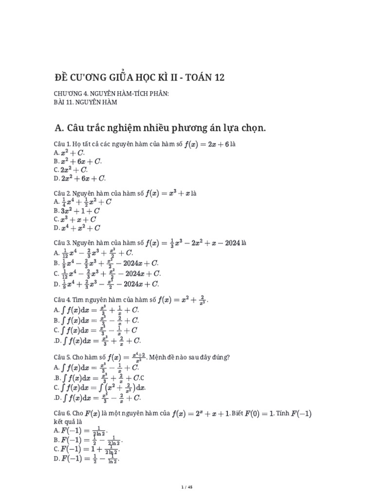 ĐỀ CƯƠNG GIỮA HK2 TOÁN 12 HS | PDF