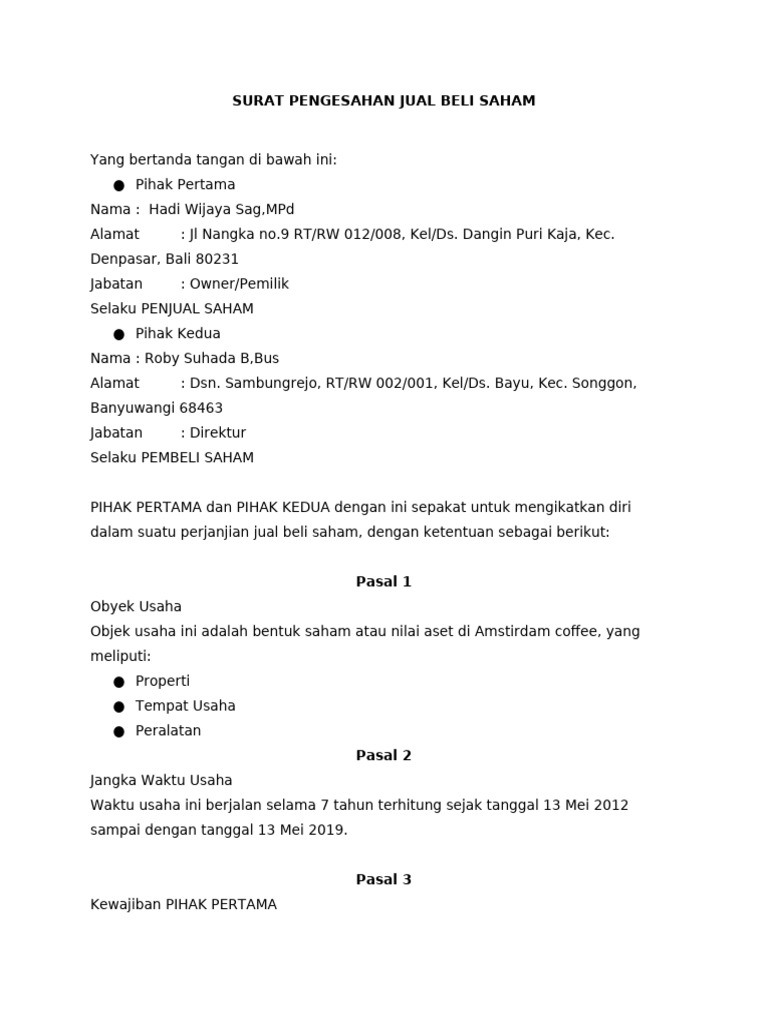 Surat Jual Beli Saham Hadi Wijaya | PDF