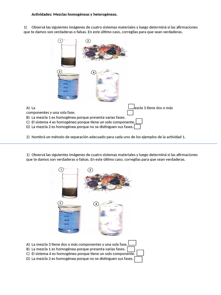 Actividad Mezclas Homogéneas y Heterogéneas. Imprimir A Color | PDF