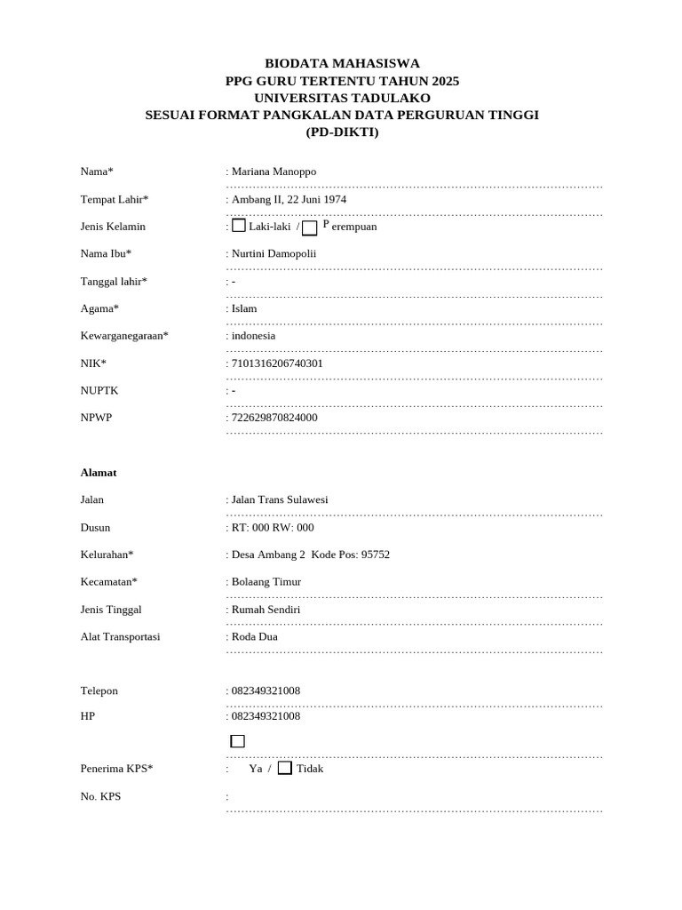 Biodata Ppg Untad 2024 Pdf