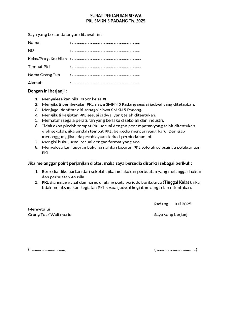 Surat Perjanjian Siswa PKL 2025 | PDF