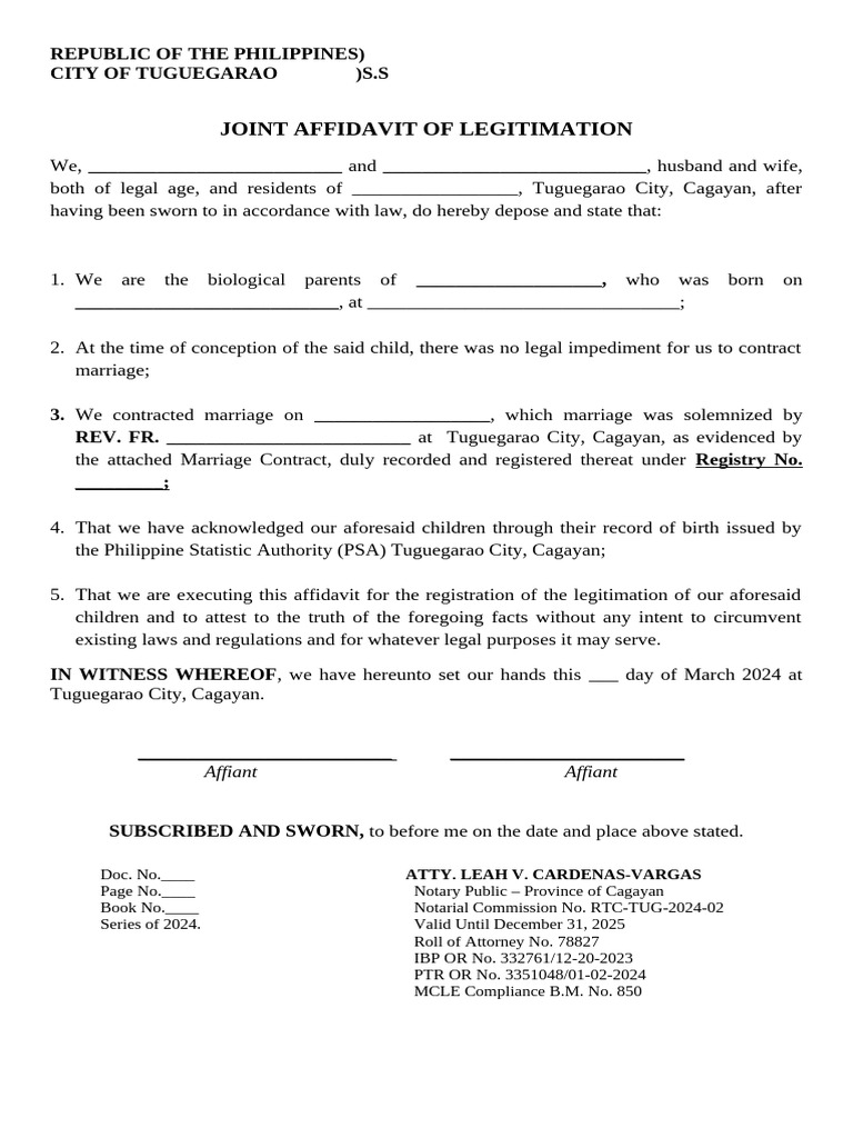 Pro Forma Affidavit of Legitimation | PDF