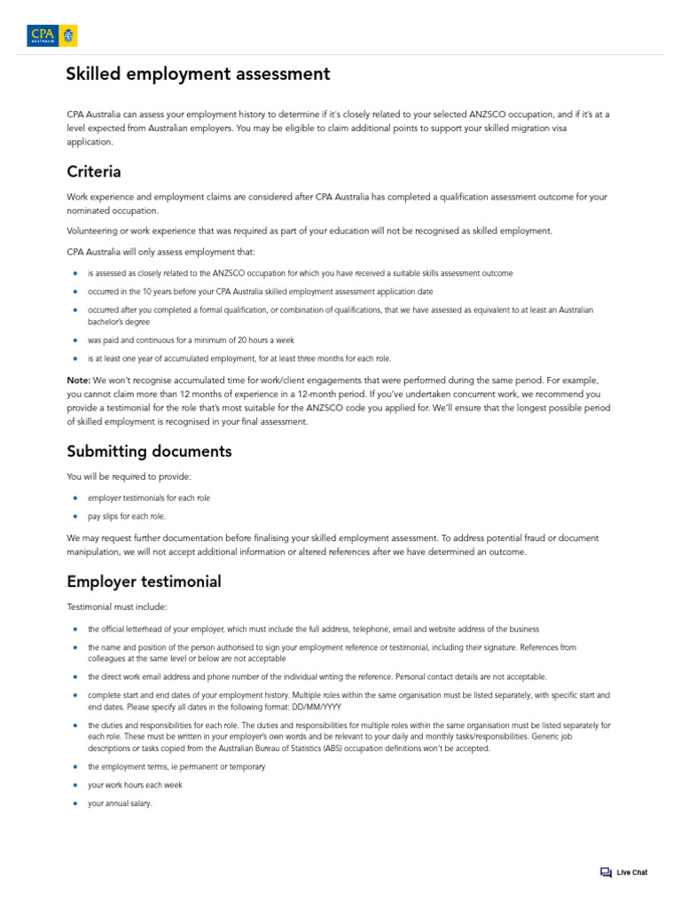 Skilled Employment Assessment - CPA Australia | PDF | Employment