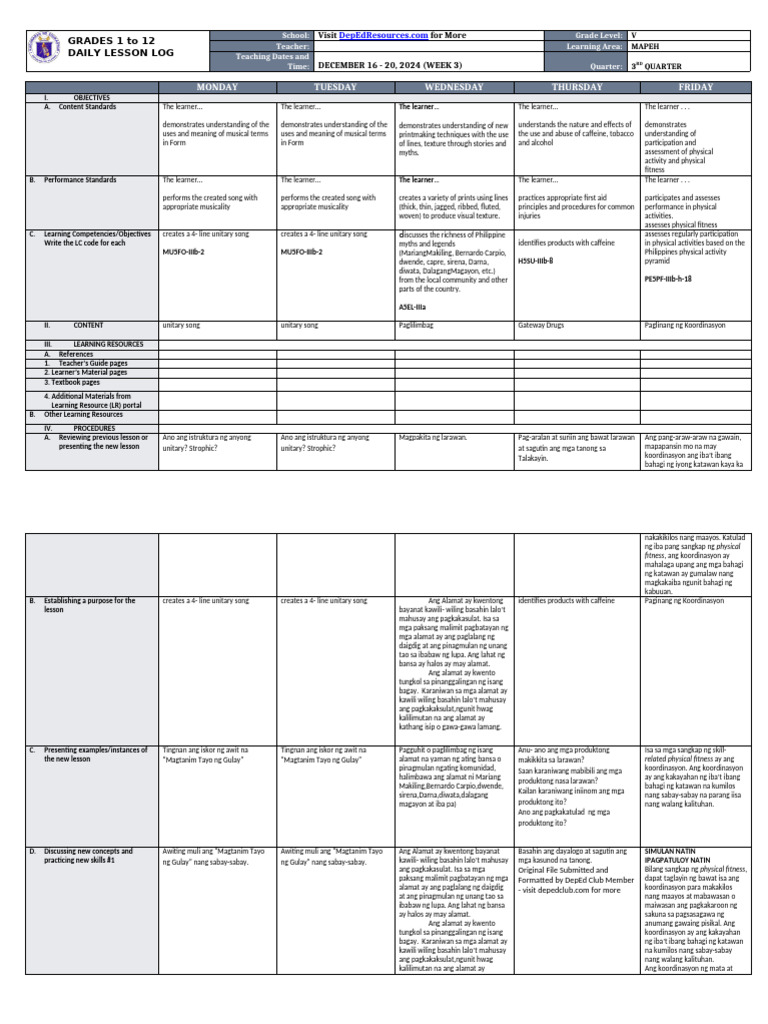 DLL - Mapeh 5 - Q3 - W3 | PDF
