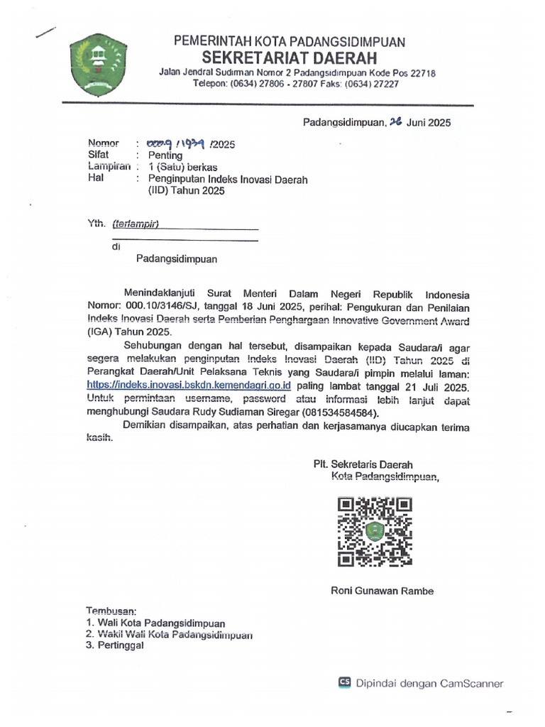 Surat Penginputan Indeks Inovasi Daerah (IID) Tahun 2025 | PDF