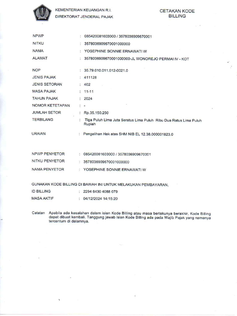 Billing PPH Yosephine Sonnie | PDF