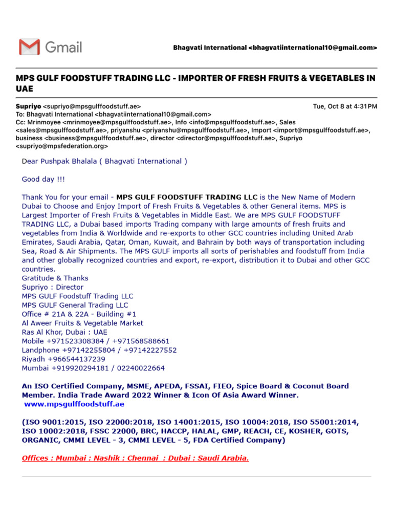 Mps Gulf Foodstuff Trading LLC - Importer of Fresh Fruits & Vegetables ...
