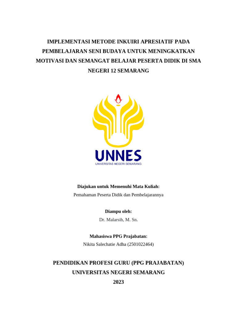 Implementasi Metode Inkuiri Apresiatif Pada Pembelajaran Seni Budaya Di Sma Negeri 12 Semarang | PDF