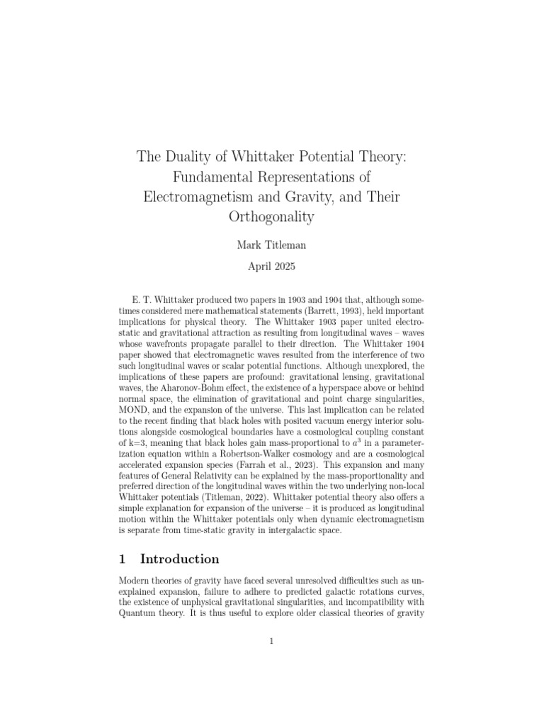 The Duality of Whittaker Potential Theory: Fundamental Representations of Electromagnetism and ...