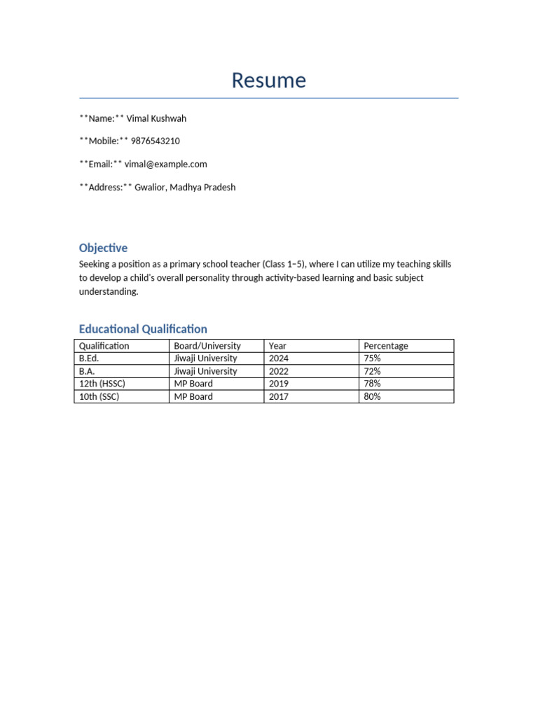 Vimal Teacher Resume | PDF