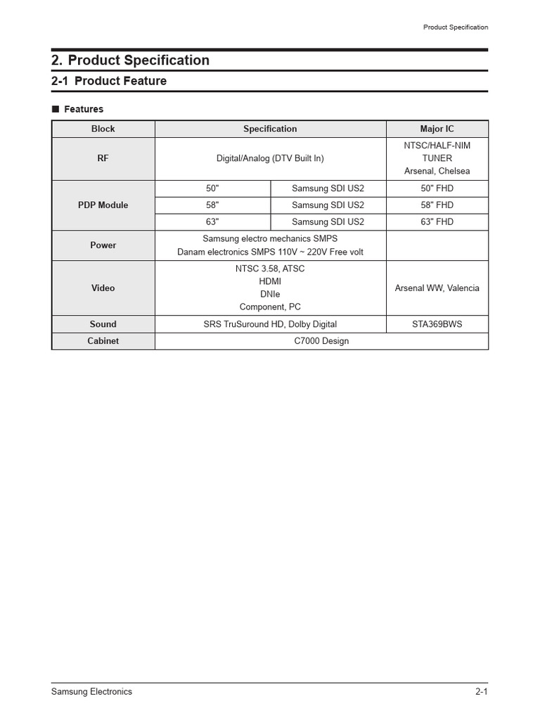 Samsung PDP TV Product Specifications | PDF | Television | Electronics