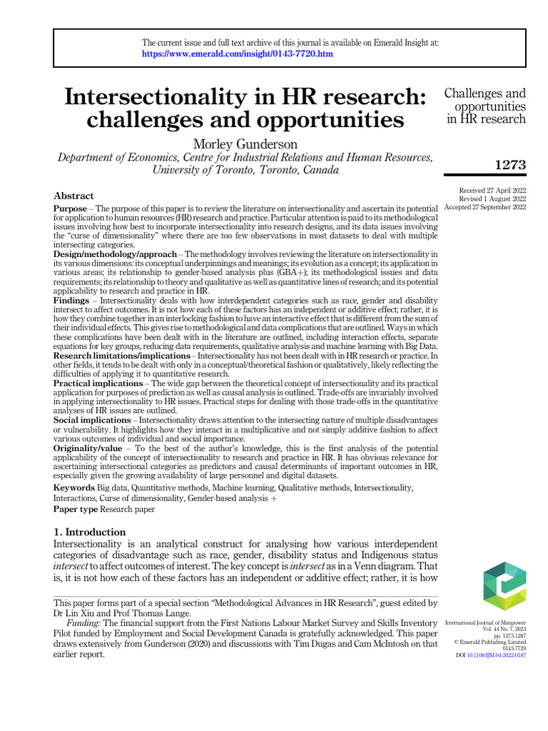 Gunderson 2023 Intersectionality in HR Research - Challenges and Opportunities | PDF ...