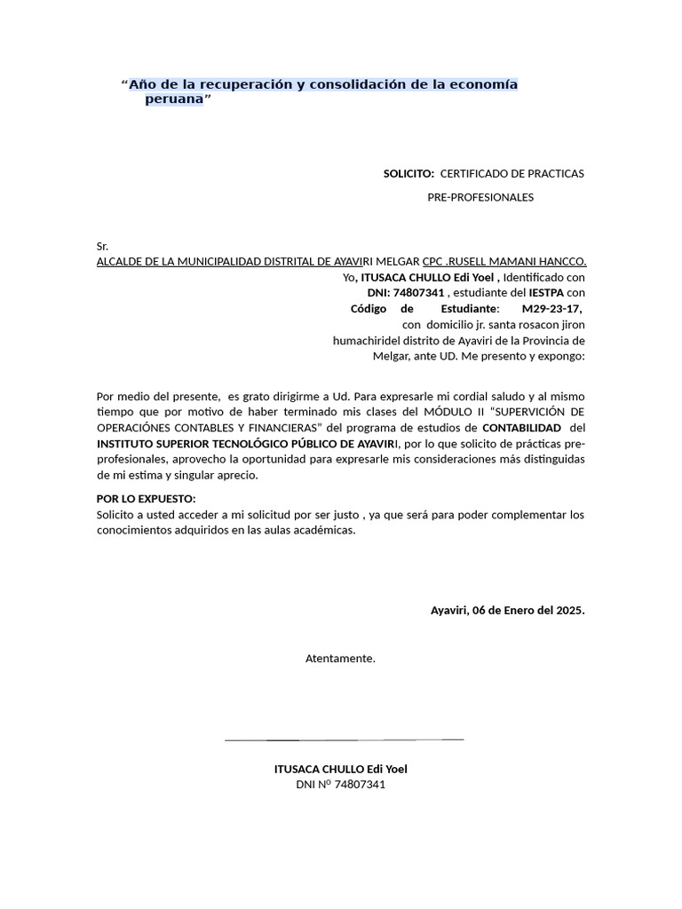 Solicitud para Ayaviri Final EDDY | PDF