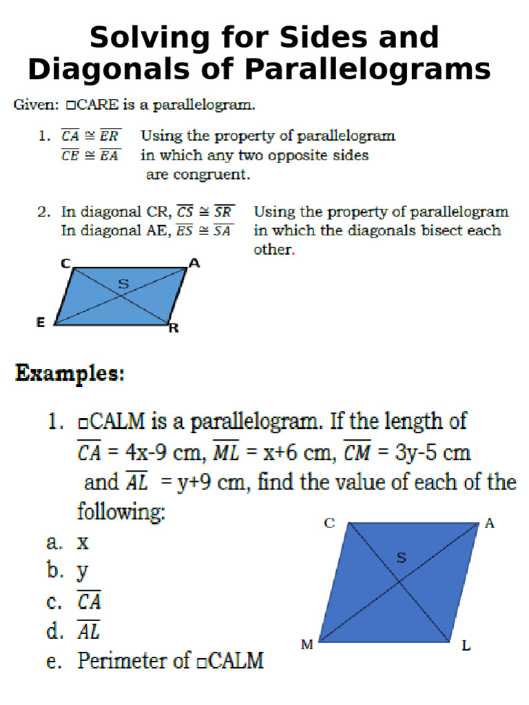 Grade 9 Solving The Sides and Diagonals of A Parallelogram | PDF