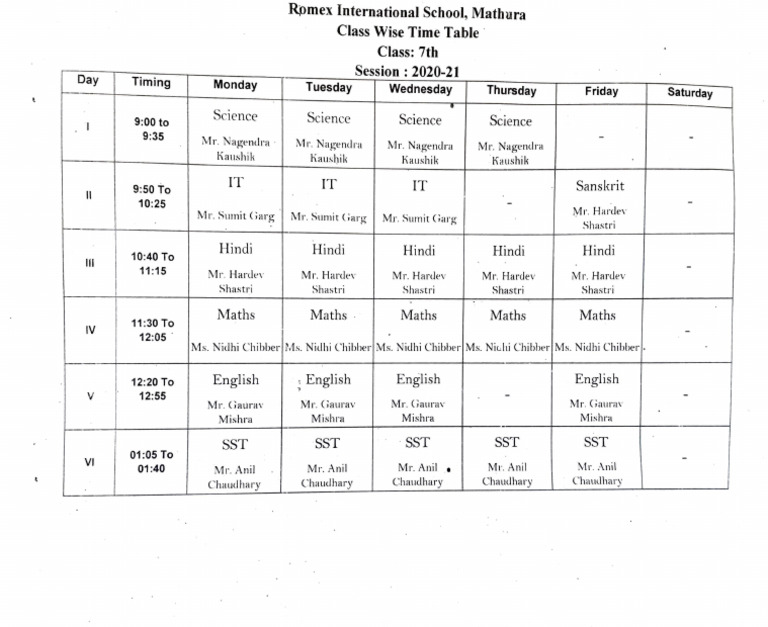 Class 7 Time Table | PDF