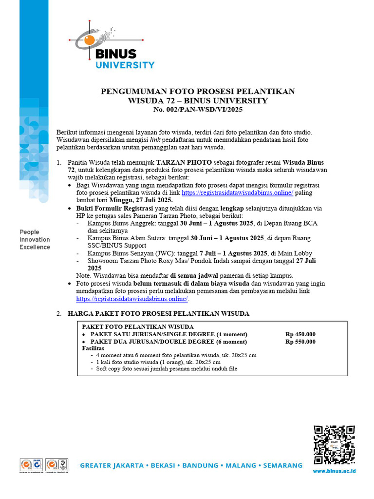 Pengumuman Foto Wisuda 72 BINUS University | PDF