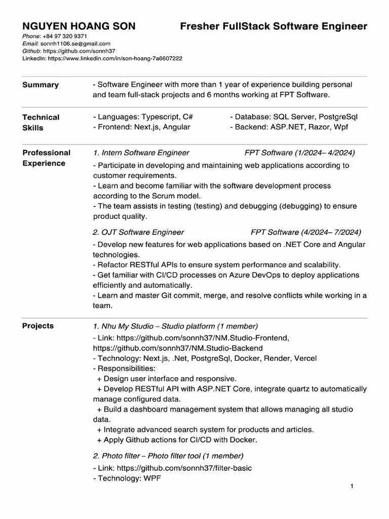 NguyenHoangSon Fresher FullStack | PDF